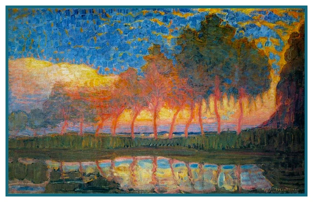 ARBRES ALONG LE Rivière Par Artiste Piet Mondrian Point de Croix Motif ...