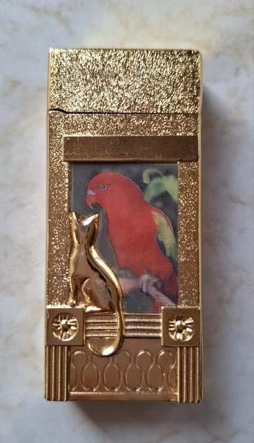 *VINTAGE*UNUSUAL GOLD TONE*PARROT/CAT Theme*Wind Proof/Flip Lighter*Not ...