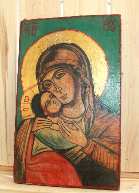 Vintage Religious Hand Painted Icon Virgin Mary Jesus Christ Child 259