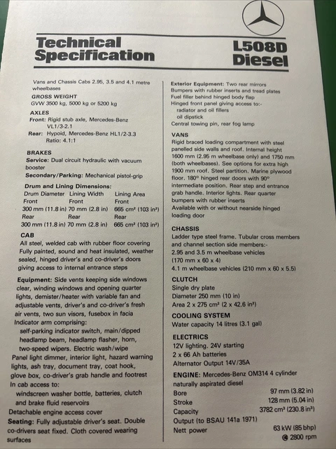 MERCEDES BENZ L508D Truck Technical Specification Brochure Frameable ...