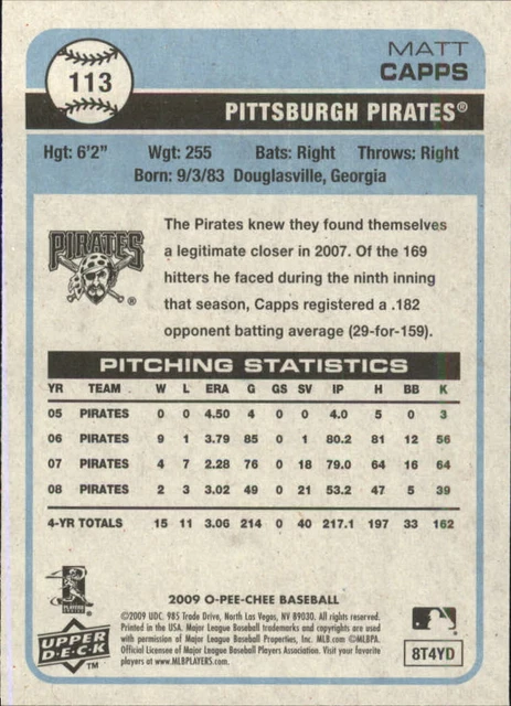 CARTE DE BASEBALL 2009 O-Pee-Chee Pittsburgh Pirates #113 Matt Capps ...