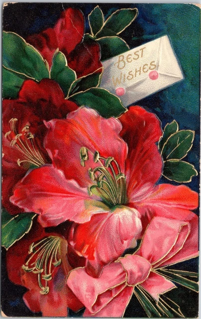 POSTCARD BEST WISHES - card tucked in flowers - embossed $9.83 ...