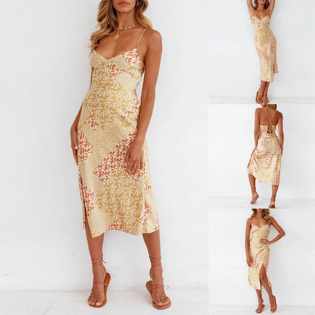 ROBE LONGUE FEMME lacets fendus avec imprim floral et design sangle EUR ...