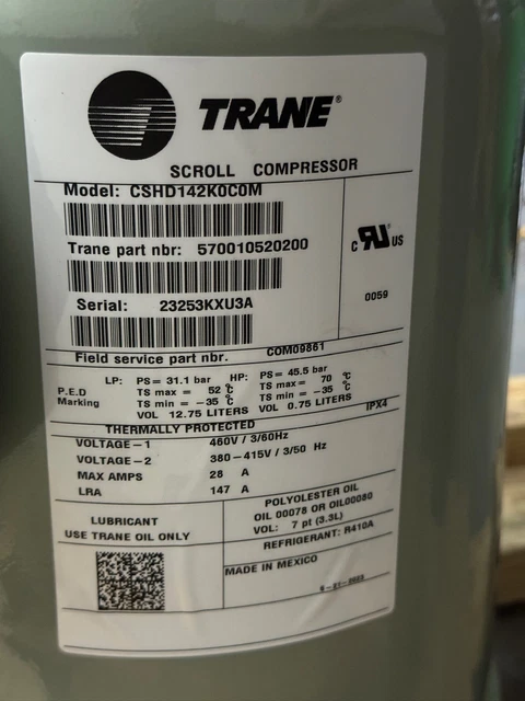 OEM TRANE SCROLL Compressor 12 11.7 Ton 460V 3 Phase R410A COM09861 ...
