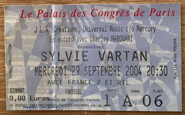 SYLVIE VARTAN - Ticket concert n° 06 - PDC Paris - Mercredi 29 ...