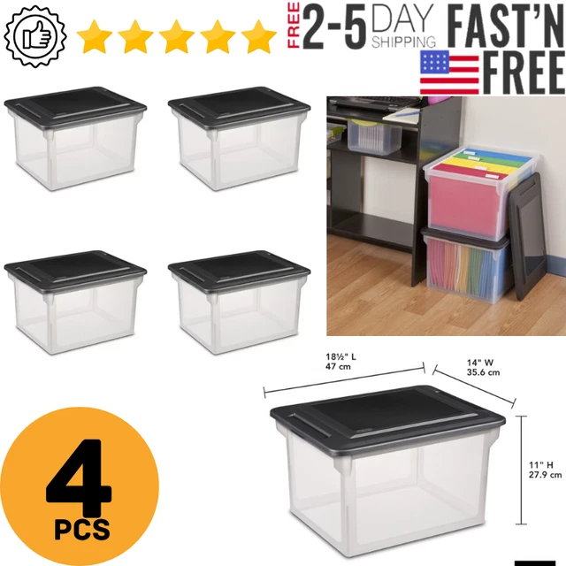 CLEAR &BLACK LARGE Plastic File Stackable Storage Bin w/Clear Latch Lid ...