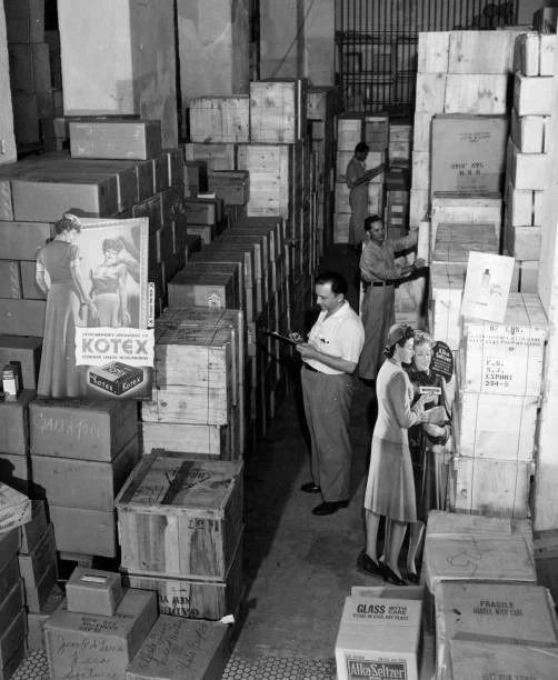 WAREHOUSE CONTAINING STACKS of crated goods in Puerto Rico 1950s OLD ...
