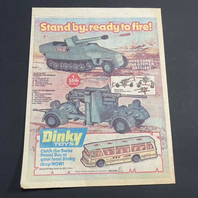 Vintage 1975 Dinky Hanomag Tank 88mm Gun Ptt Bus Toy Advertisement