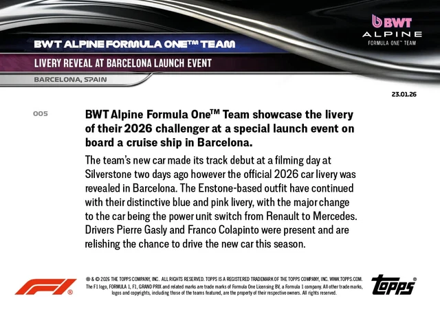 TOPPS NOW FORMULA 1 2026 - Card 005 - BWT Alpine F1 Team - Launch Event ...