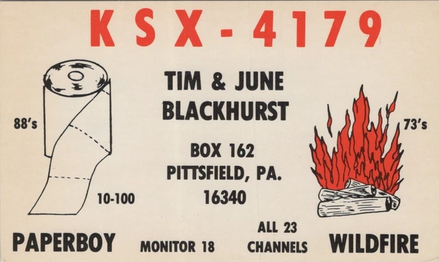 VINTAGE CB RADIO QSL postcard Tim June Blackhurst 1970s Pittsfield ...