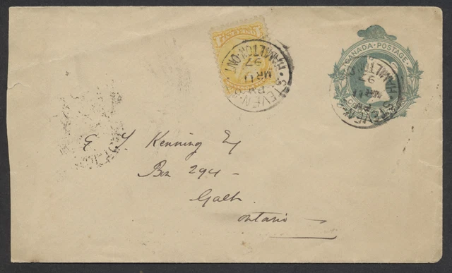 1897 UPRATED #EN9 Patriotic Queen PSE Steven St Hamilton Postmarks to ...