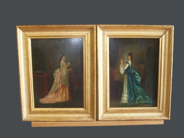 PAIRE TABLEAUX ANCIENS XIXèm 1840/1870 Scènes de Genre" La Lecture"et ...