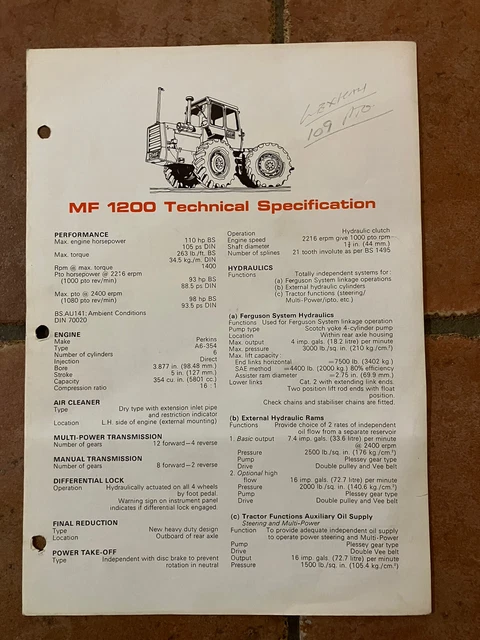 MASSEY FERGUSON 1200 TRACTOR BROCHURE SPECIFICATIONS LEAFLET 80s FARM MODEL £28.76 - PicClick UK
