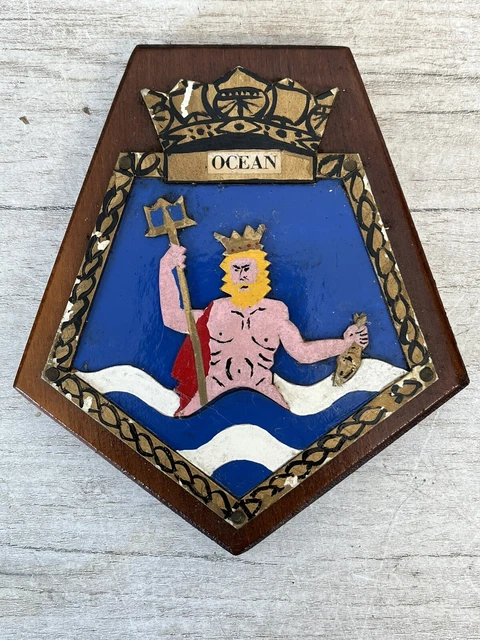 VINTAGE HMS OCEAN Small Ships Crest Wall Plaque Wooden Shield £18.50 ...