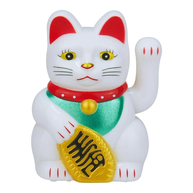 WHITE PLASTIC MANEKI Neko Beckoning Lucky Money Cat Waving Arm For Good ...