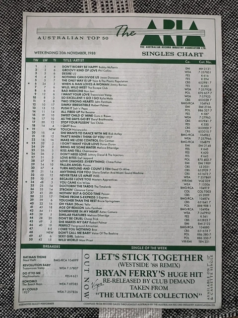 ARIA TOP 50 Chart 20 Nov 1988 Australia Singles U2 Bryan Ferry Bobby ...