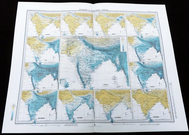 ANTIQUE METEOROLOGICAL MAP of India Isotherms Isohyets Indian Weather ...