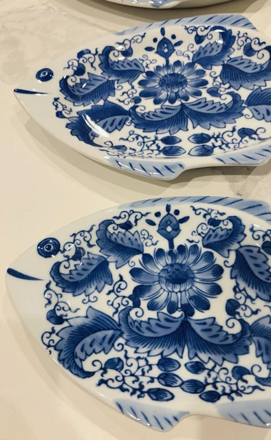VTG DE CHANG Tao Ci Chinese Flo Blue Floral Transferware Fish Platter ...