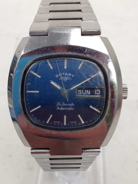 ROTARY VINTAGE TV Dial Automatic 25 Jewel Blue Dial Day Date Swiss Made ...