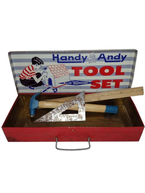 VINTAGE HANDY ANDY Kids Tin Tool Box Set With Hammer Ruler Square #620 ...