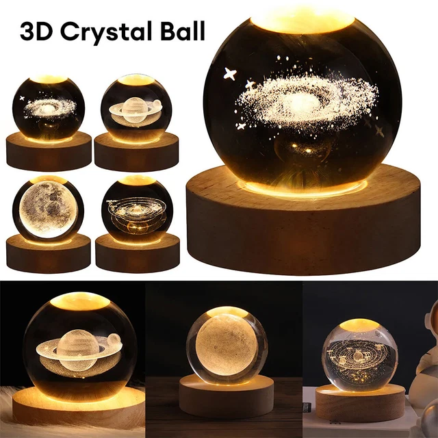 HOME FURNITURE USB 3D Solar System Crystal Ball Night Light Wooden Base ...
