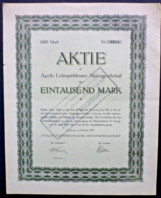 APOLLO LICHTSPIELTHEATER AG, Leipzig Aktie 1000 M 1922 nicht entwertet ...