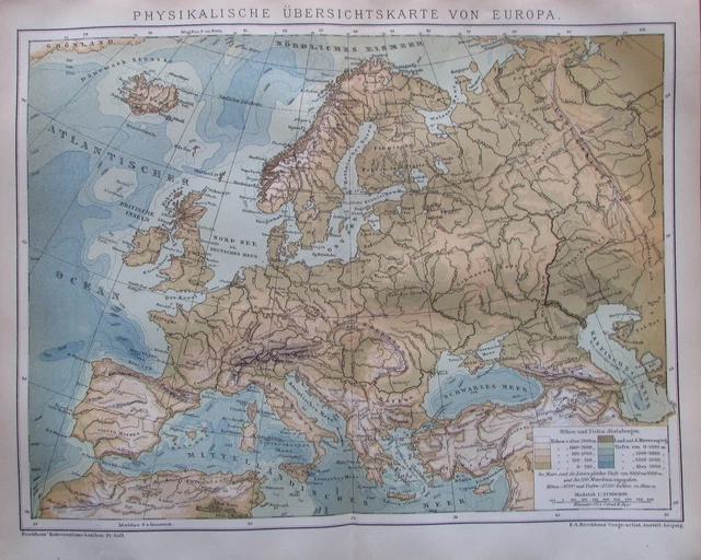 PHYSICAL OVERVIEW MAP of Europe - 1893 Map £7.92 - PicClick UK