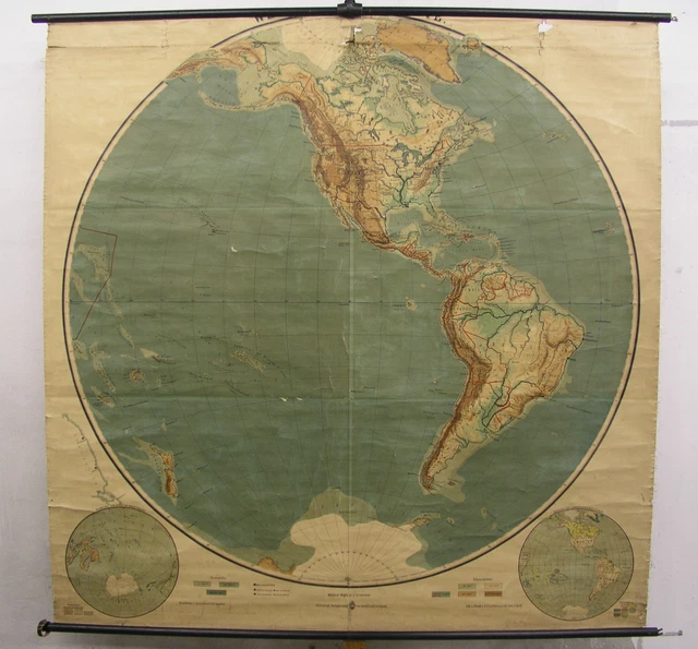 SCHULWANDKARTE WALL MAP America Planiglobe Map Erdhälfte 1914 181x182 £ ...