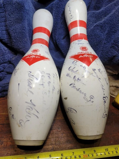 VINTAGE AMF TEN Pin Bowling Pins x 2. tools, green, sport, bar, man ...