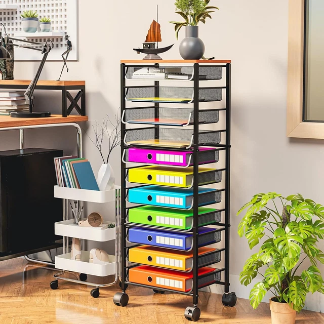 12 TIER ROLLING File Cart Wood Desk File Organizer with Sliding Trays ...