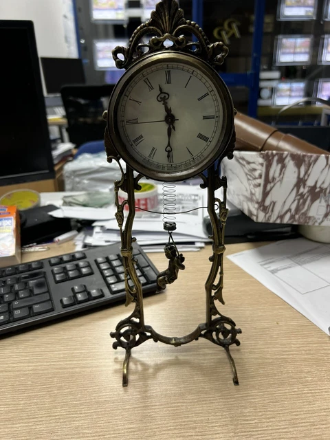 VINTAGE ANTIQUE BRASS Clock By Waterbury Made In U.S.A. Cherub Spring ...