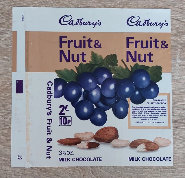 VINTAGE CHOCOLATE BAR Wrapper CADBURY'S - Fruit & Nut 2/-. 10p, 3 1/2 ...