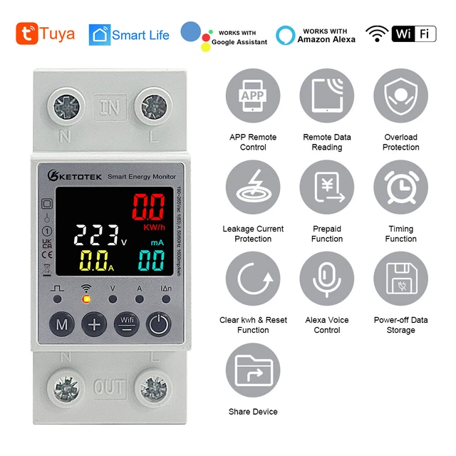 DIN RAIL SINGLE Phase 63A WIFI Smart Energy Meter Power Monitor 220V 50 ...