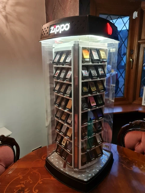 ZIPPO DISPLAY CASE Cabinet Holds 96 Lighters Lights Up & Rotates ☆VERY ...