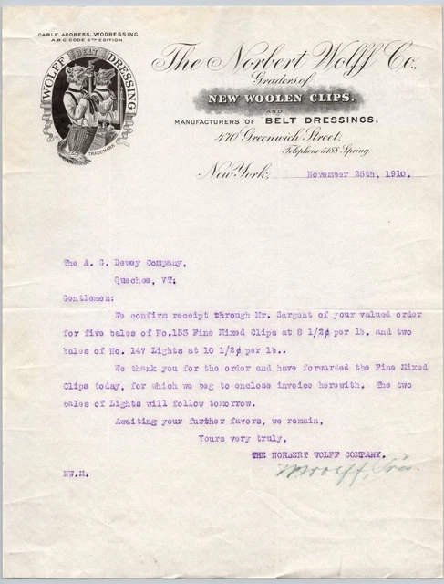 LETTERHEAD 1910 NEW York Greenwich The Norbert Wolff Co New Woolen ...