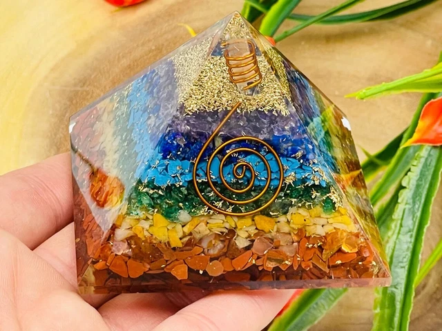 7 CHAKRA CHIPS Layered Orgone Pyramid With Reiki Symbol of Spiral ...