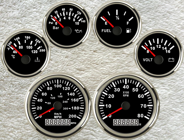 6 GAUGE SET Speedometer 200MPH 300kKM/H Tacho Fuel Temp Volts Oil ...