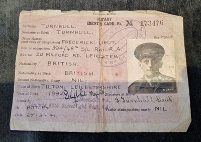 WW2 BRITISH OFFICER'S Identity ID Card to Lieut. F Turnbull ...
