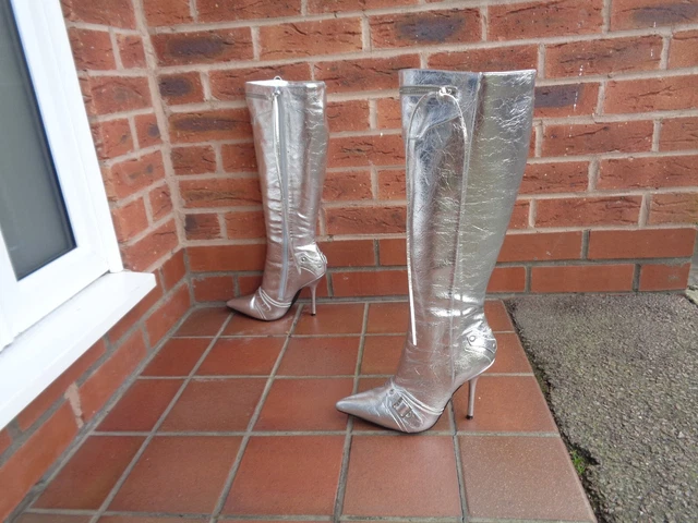 SXXY SHINY SILVER PVC KNEE HIGH POINTY BOOTS * 7 uk * CLUBBING * PARTY ...