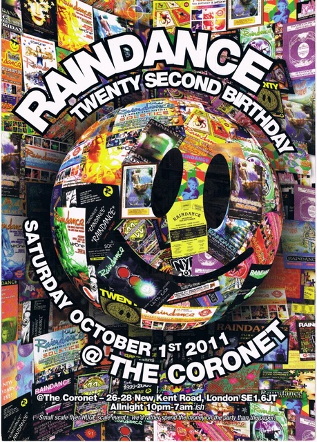 RUFFS RAINDANCE RAVE Flyer 1/10/11 A5 Coronet Londres vinyle Vera ...