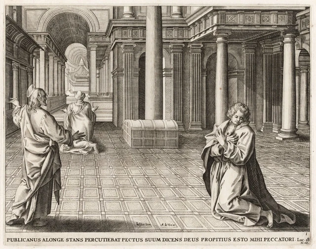 M. DE VOS Pharisee tax collector Parable Bible Kupferstich engraving ...
