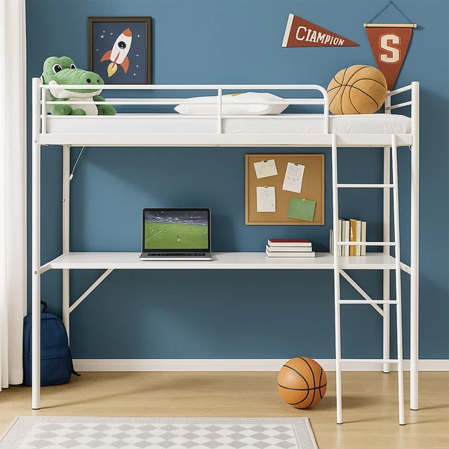 3FT TWINS BUNK Bed Frame Metal Loft Sleeper with Desk Kids Single/LED ...