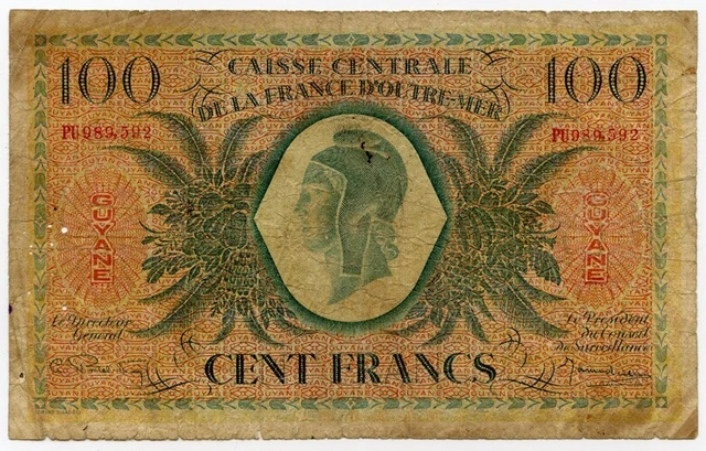 FRENCH GUIANA 1944 ISSUE 100 FRANCS BANKNOTE RARE FINE. PICK#17a. $209. ...
