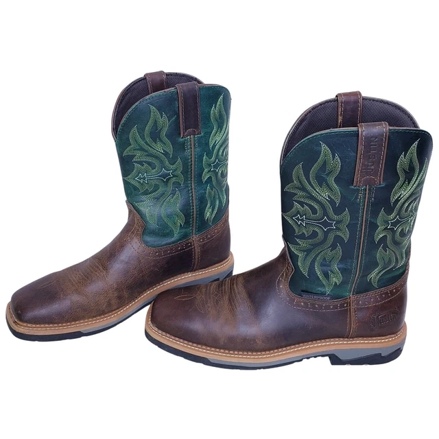 JUSTIN WORK BOOT BOLT 11" Waterproof Embroidered Green & Brown Men's ...