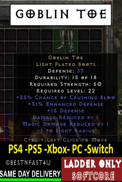 S4 LADDER - GOBLIN TOE BOOTS -PC-XBOX-PS4-PS5-SWITCH Diablo 2 Res D2R ...