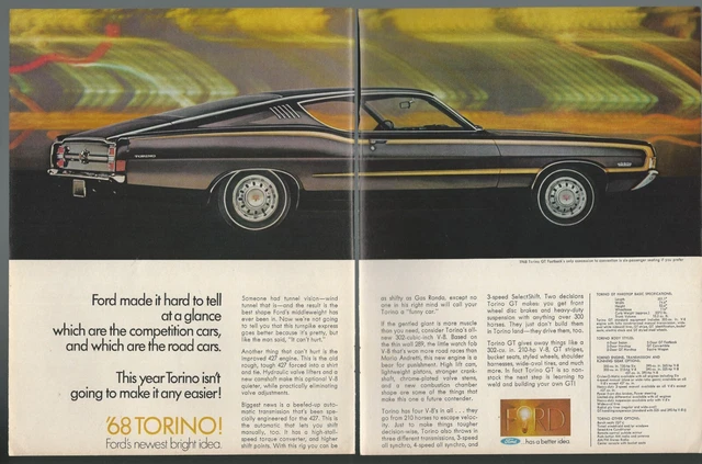 1968 FORD TORINO 2-page advertisement, Torino GT fastback, print ad $9. ...