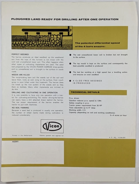 ORIGINAL VICON POWER Harrow Single Sheet Brochure, c 1972 £8.00 ...