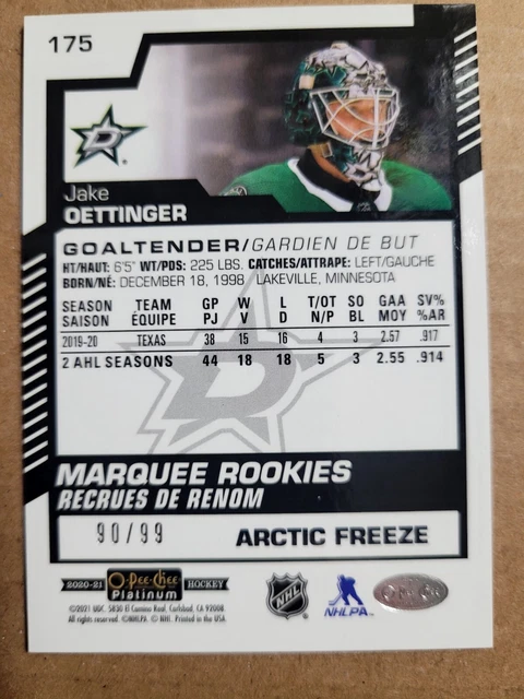 2020-21 JAKE OETTINGER O Pee Chee Platinum Rookie Arctic Freeze /99 $29 ...
