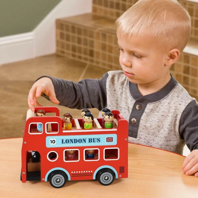 SOKA WOOD WOODEN Double Decker Red London Bus with Figurines Kids ...