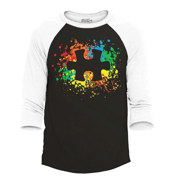 AUTISM AWARENESS SPLATTER Paint Puzzle Piece Raglan Baseball Autism ...